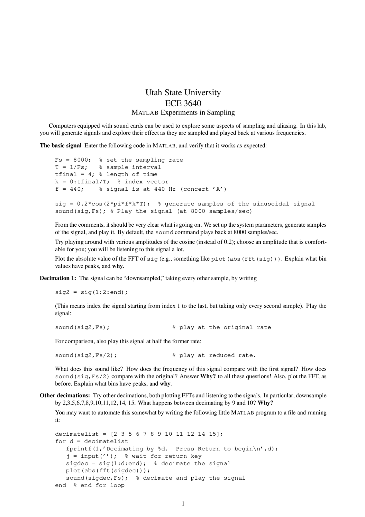 Matlab Experiments In Sampling Signals And Systems Ece 3640 Docsity