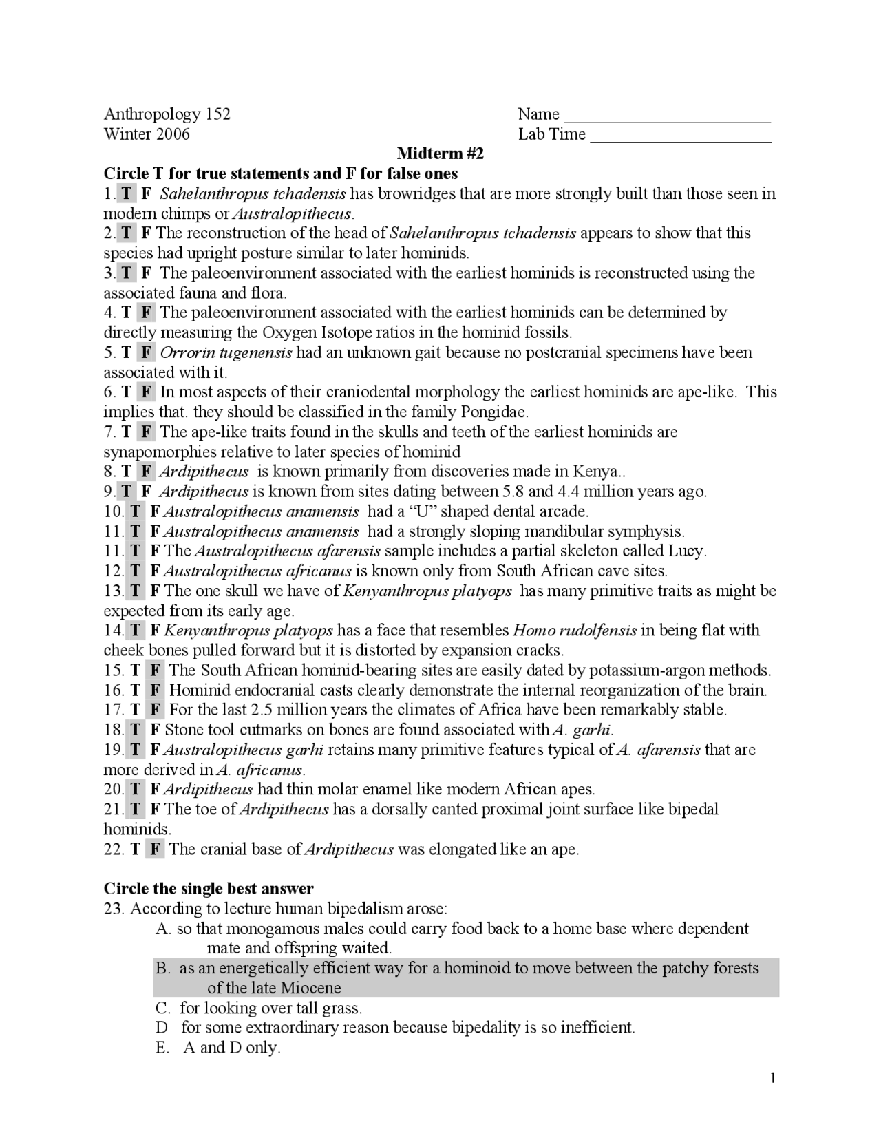 Midterm Exam 2 With Solution Human Evolution Ant 152 Docsity