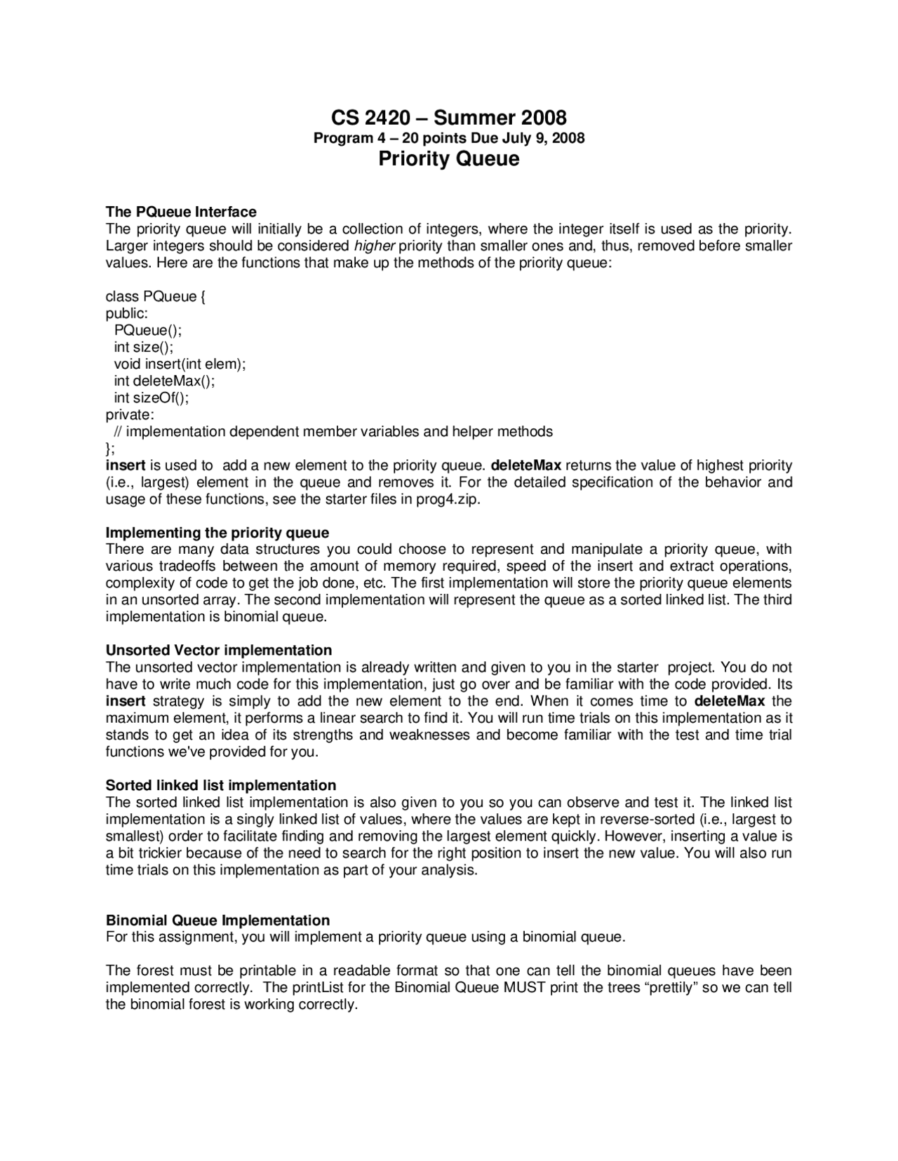 Project 4 Priority Queue Algorithms And Data Structures Cs 2420 Docsity