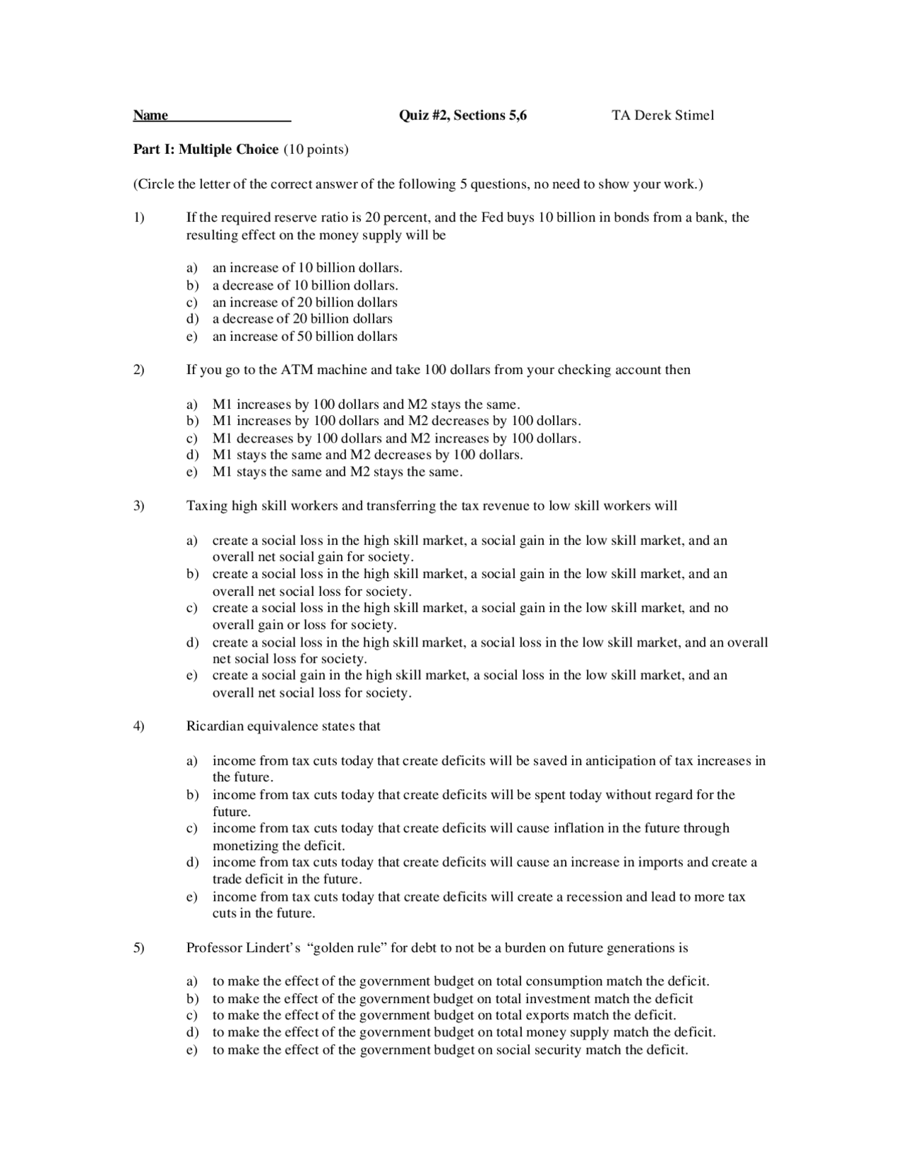 Quiz 2 For Principles Of Macroeconomics Ecn 001b Docsity