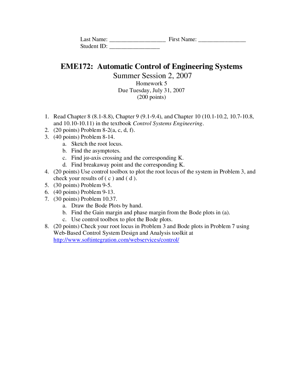 Automatic Control Of Engineering Systems Homework 5 Fall 2007 Eme
