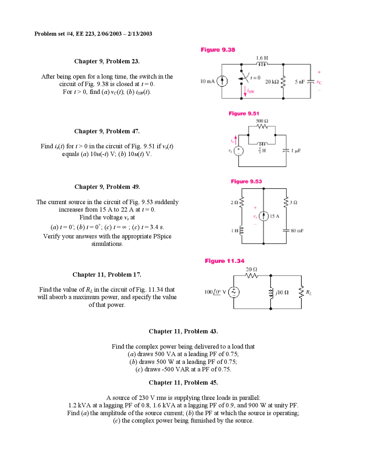 Problems Set 4 for Electrical Circuits | EE 223 - Docsity