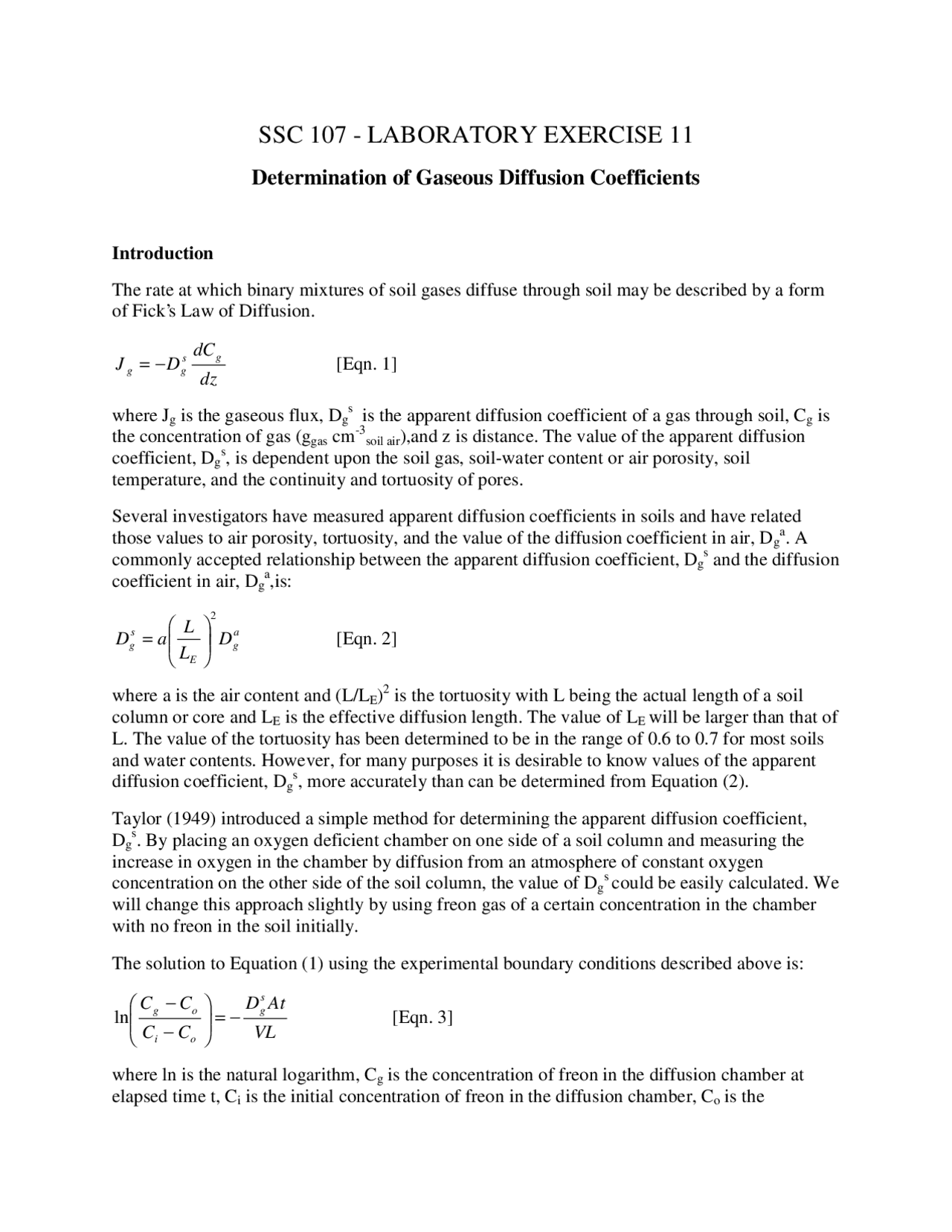 Determination of Gaseous Diffusion Coefficients - Soil Physics | SSC 107 - Docsity
