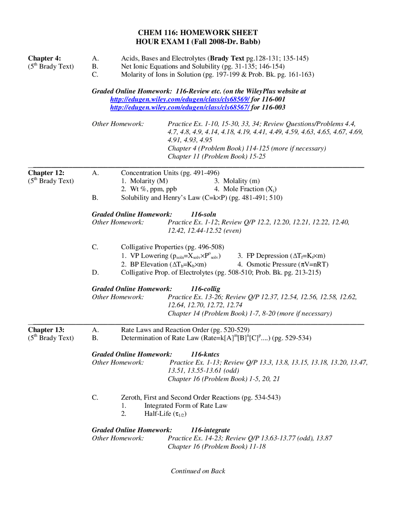 Exam Homework Sheet Fundamentals Of Chemistry Chem 116 Docsity