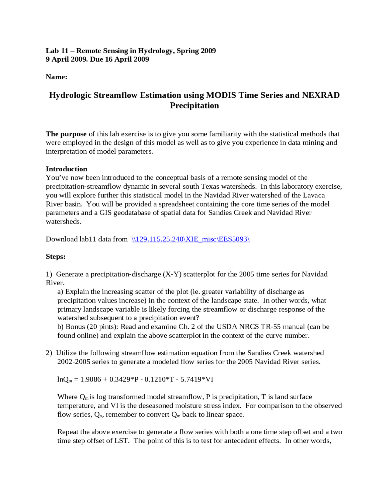 Lab 11: Remote Sensing in Hydrology - Spring 2009 | EES 5093 | Lab ...