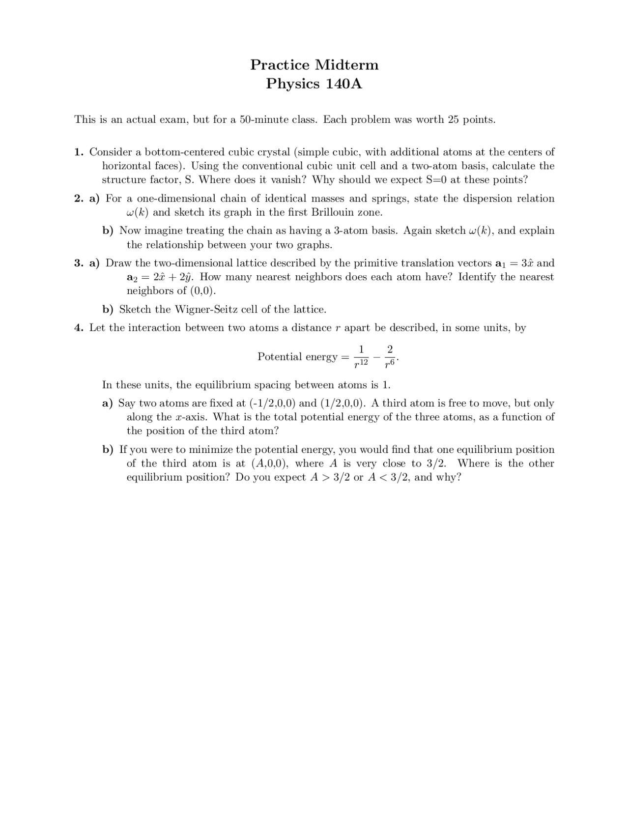 Practice Midterm Exam On Solid State Physics Phy 140a Exams Solid