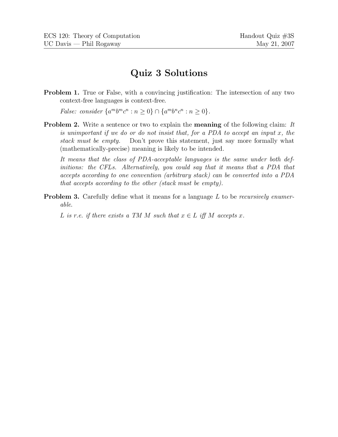 Quiz 3 Solutions Introduction To Theory Computation Ecs 120 Docsity