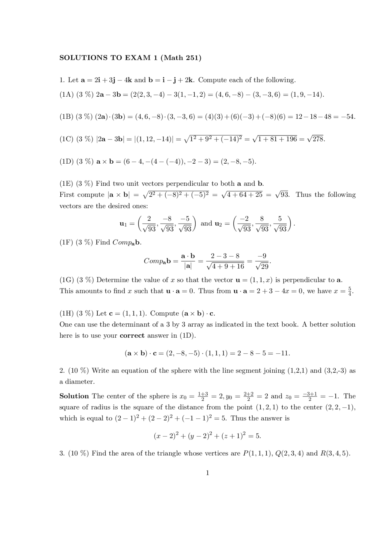Solutions To Exam 1 Multivariable Calculus Math 251 Docsity