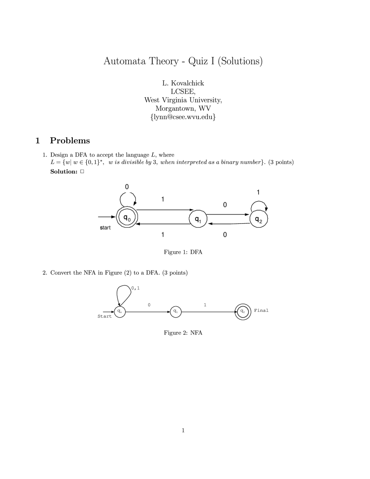 Quiz 1 With Solution Automata Theory Cs 422 Docsity