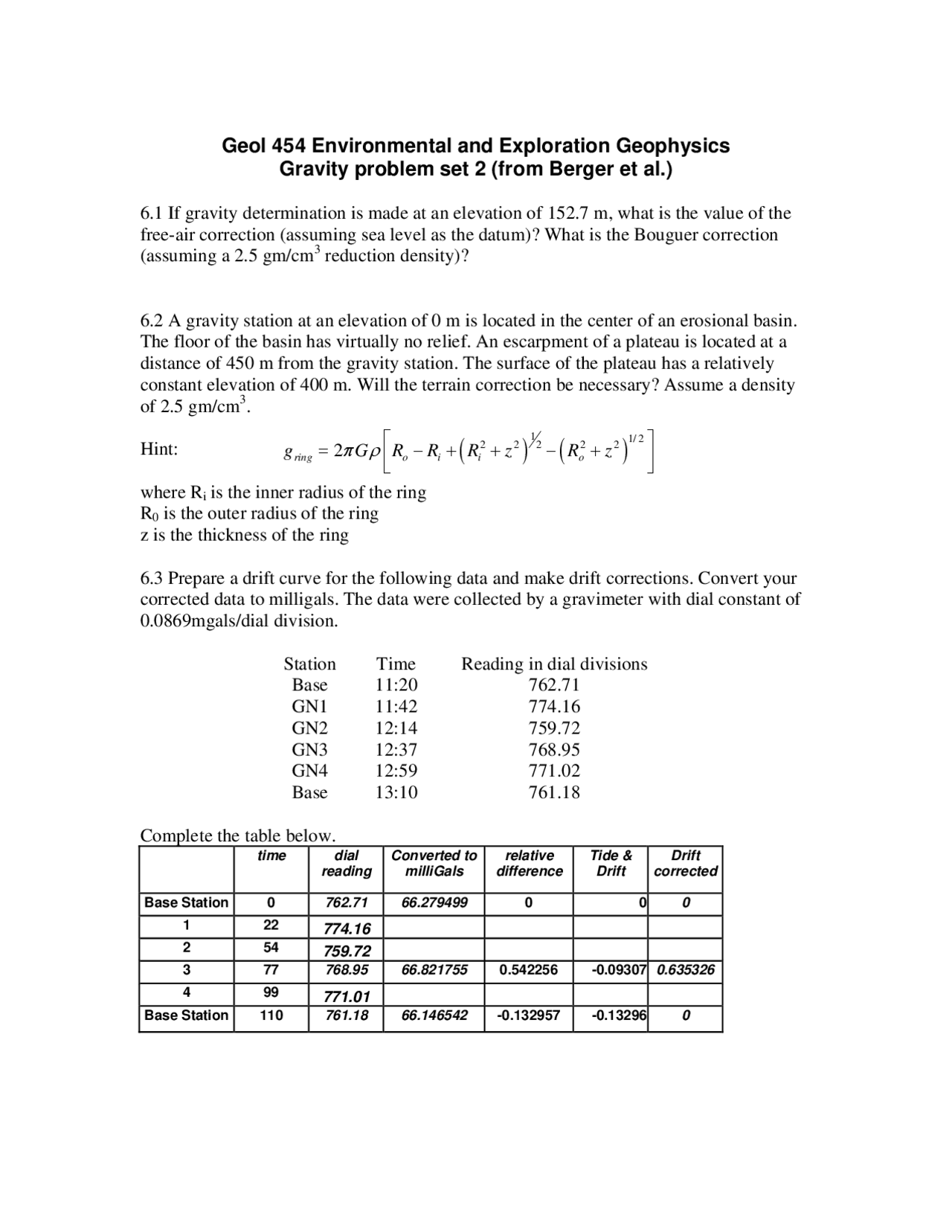 Gravity Problem Set Environmentalexploration Geophysics 1 Geol 454