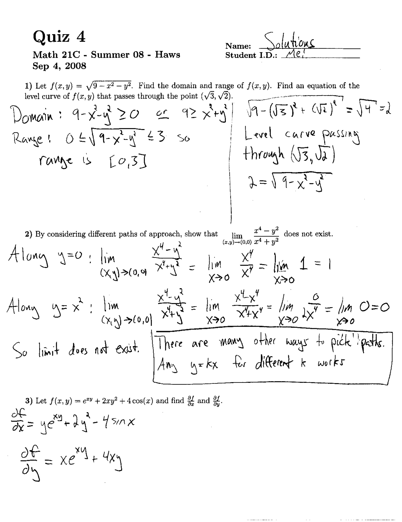 Calculus - Practice Quiz 4 with Solution | MAT 021C - Docsity