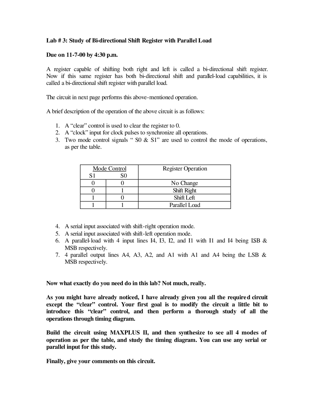 Lab 3: Study of Bidirectional Shift Register with Parallel Load | ECS 154A - Docsity