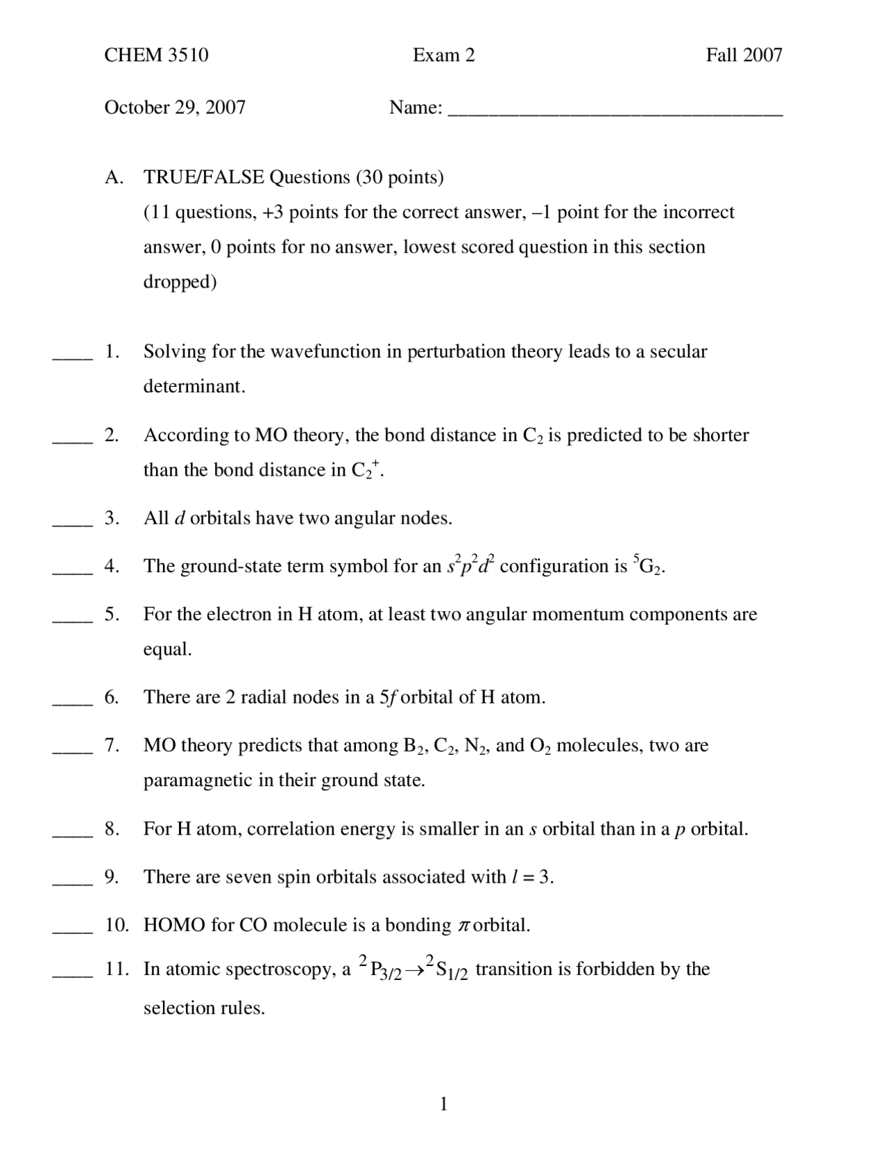 Questions On Physical Chemistry Exam Two Chem 3510 Docsity