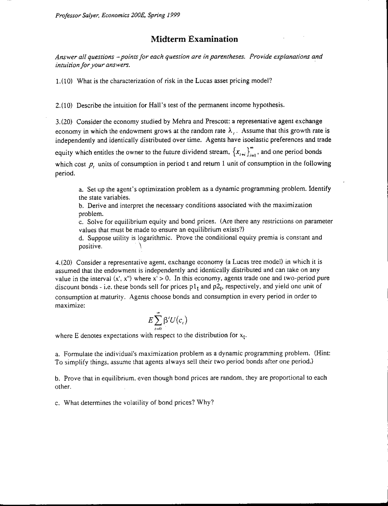 Midterm Exam Microeconomics Theory Ecn 200e Docsity