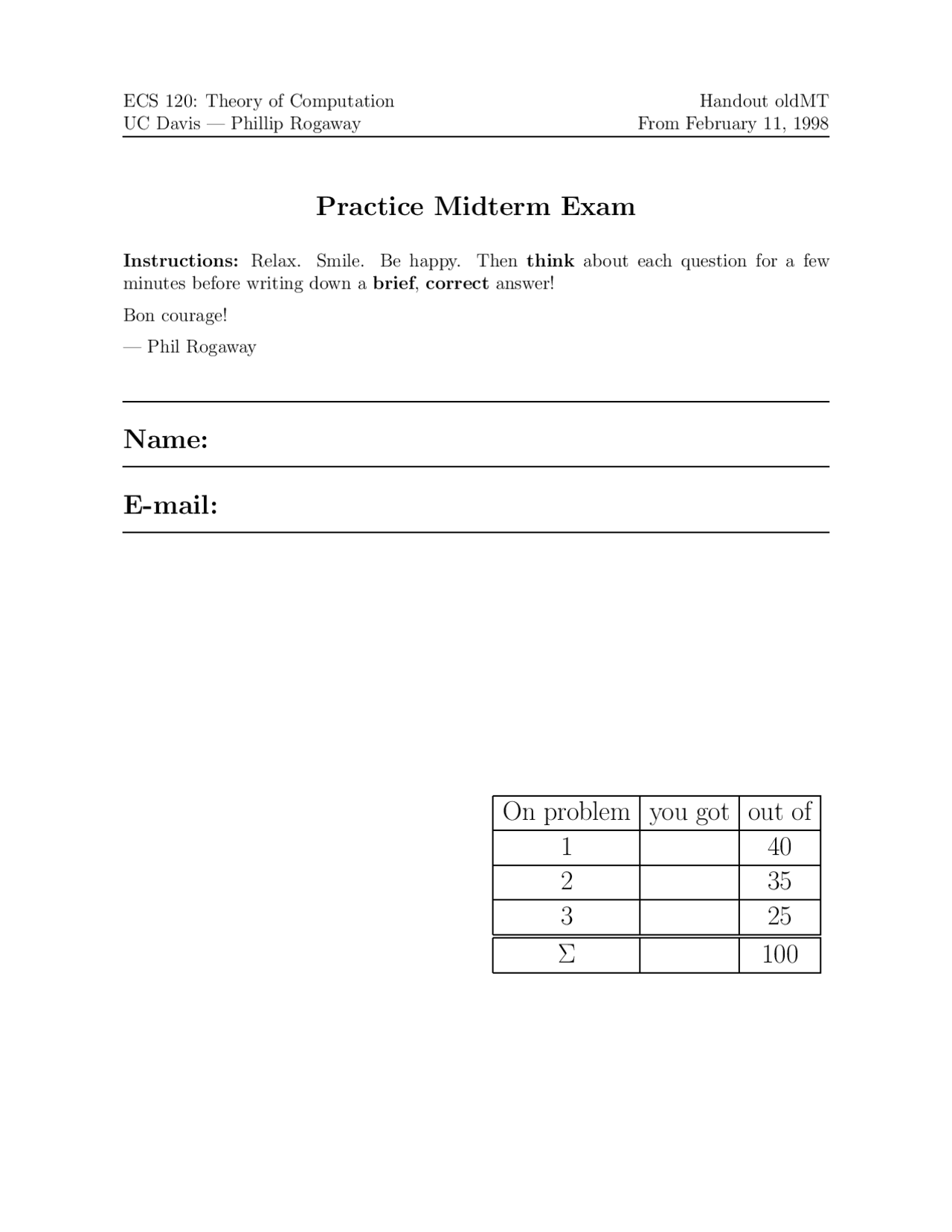 Practice Midterm Exam Introduction To Theory Computation Ecs 120