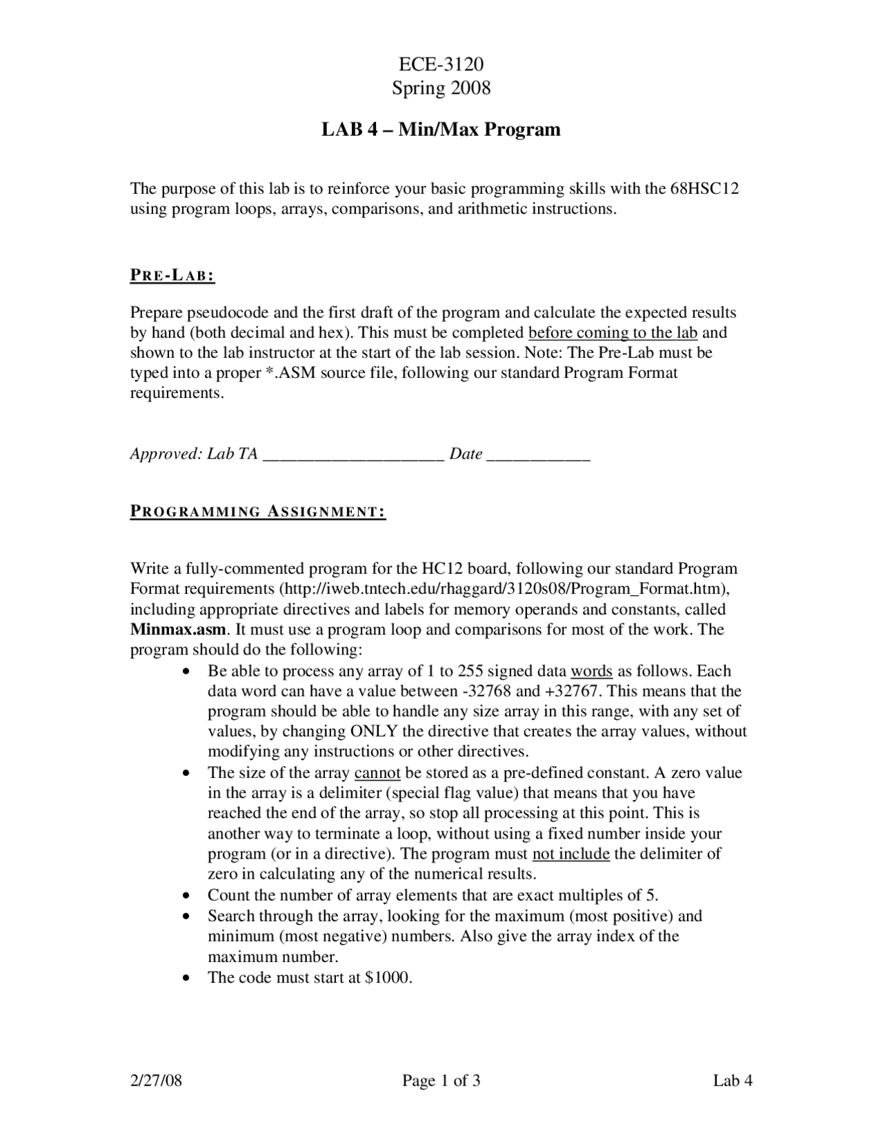 Laboratory 4: Minimum and Maximum Program - Spring 2008 | ECE 3120 - Docsity