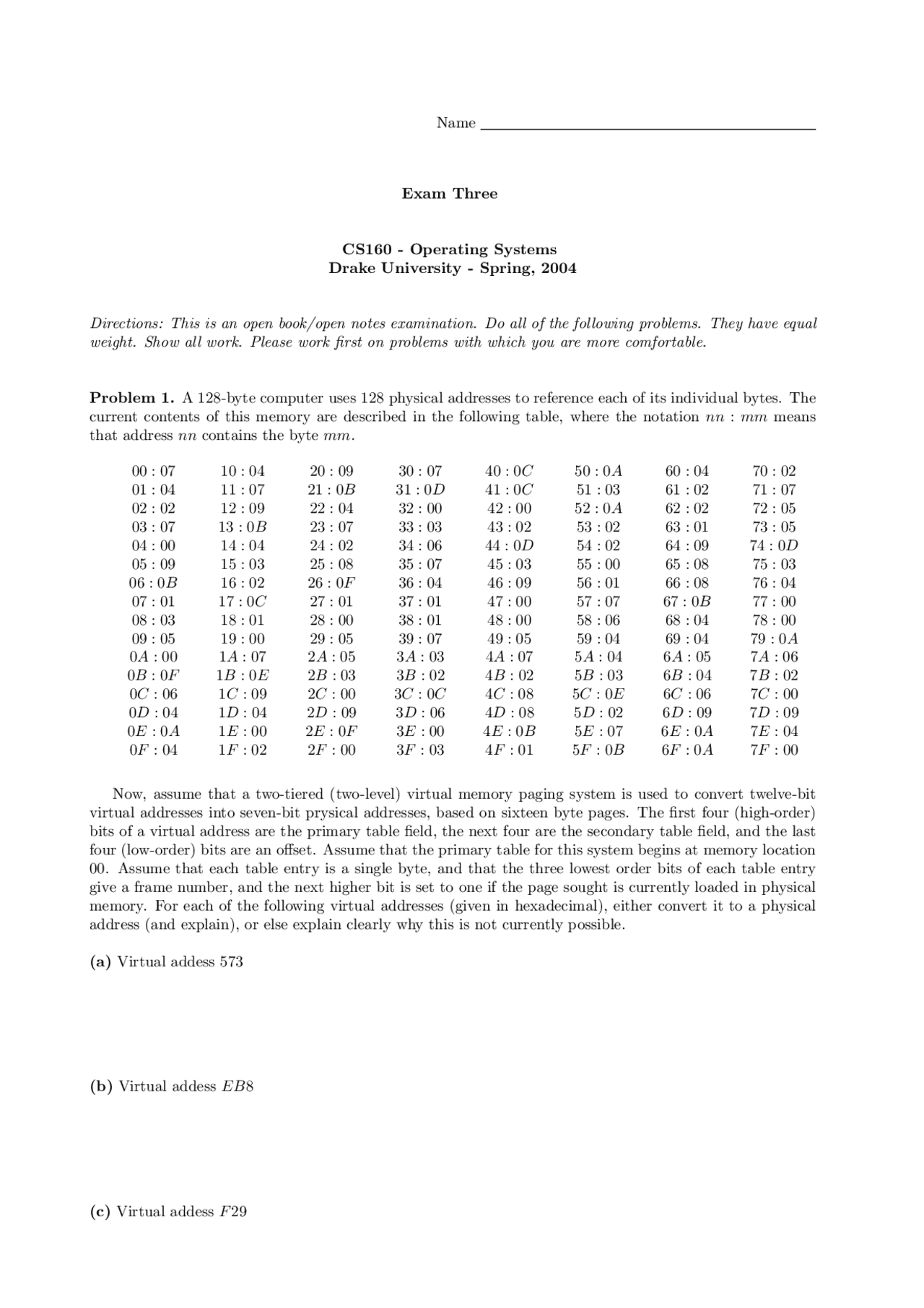Exam 3 Review Problems Operating Systems Cs 160 Docsity
