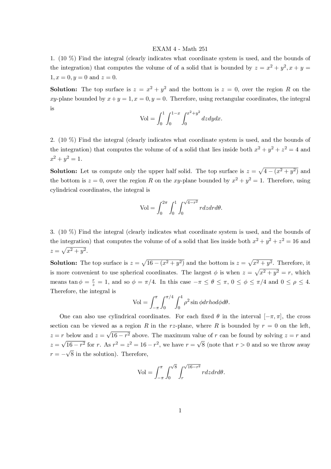 4 Solved Questions For Exam 4 Multivariable Calculus Math 251 Docsity