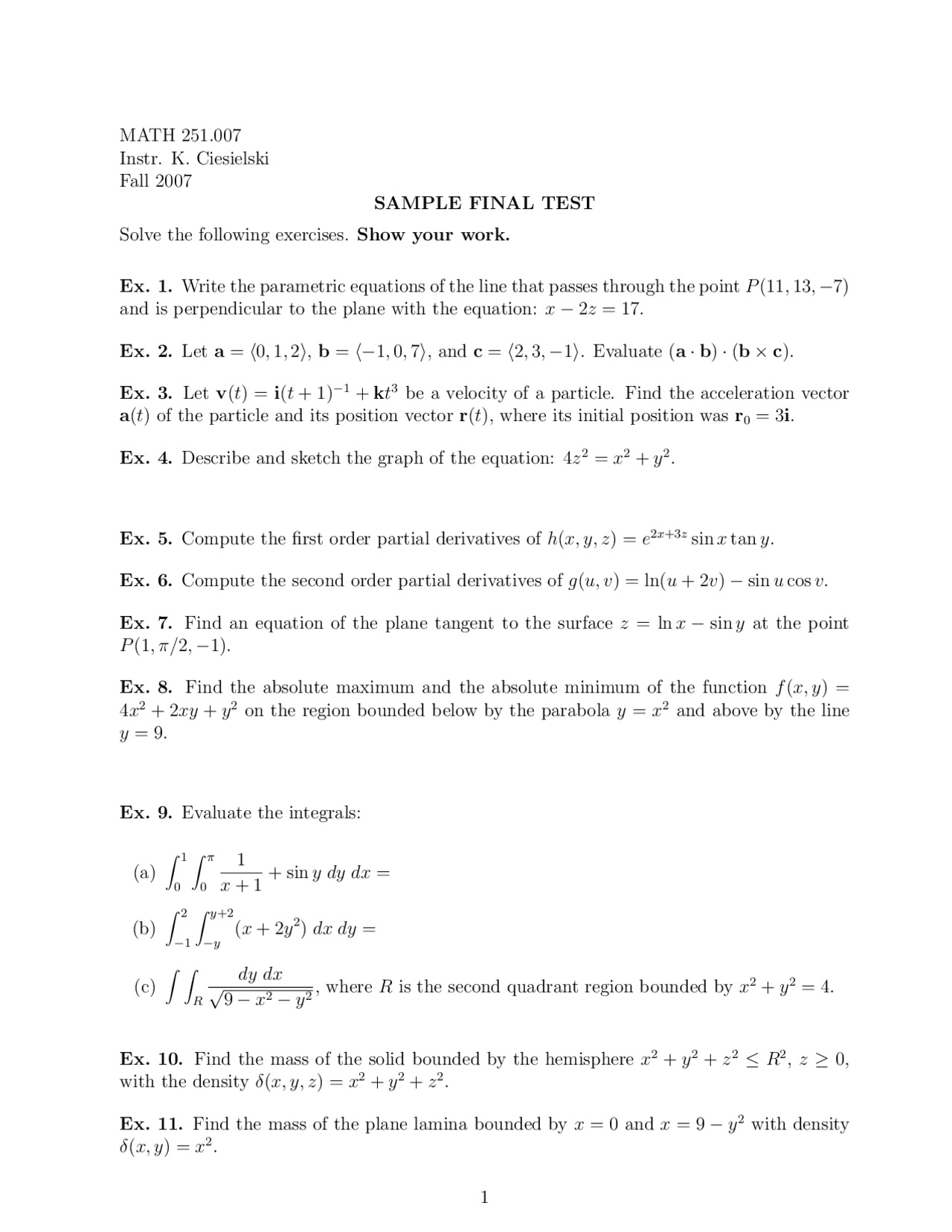 Sample Final Test For Multivariable Calculus Math 251 Docsity