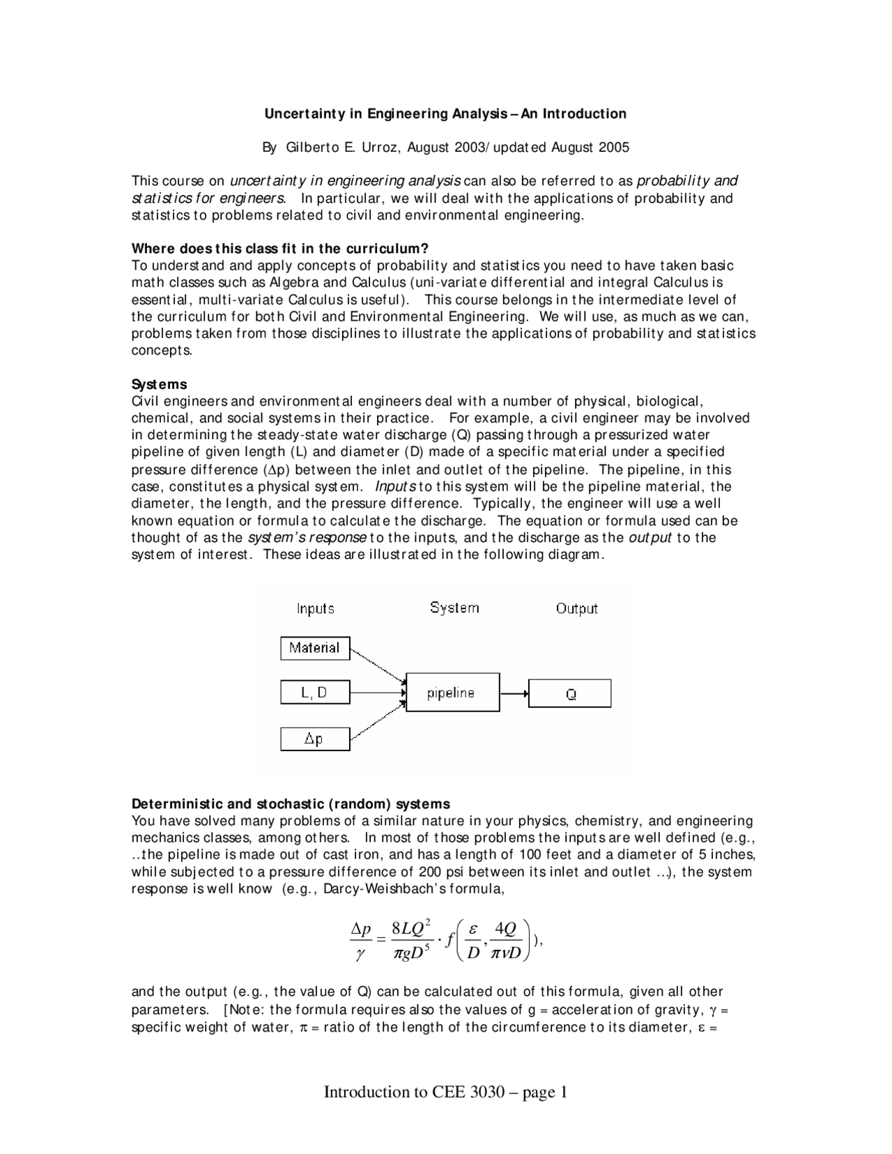 Uncertainty in Engineering Analysis - Problem Set | CEE 3030 - Docsity