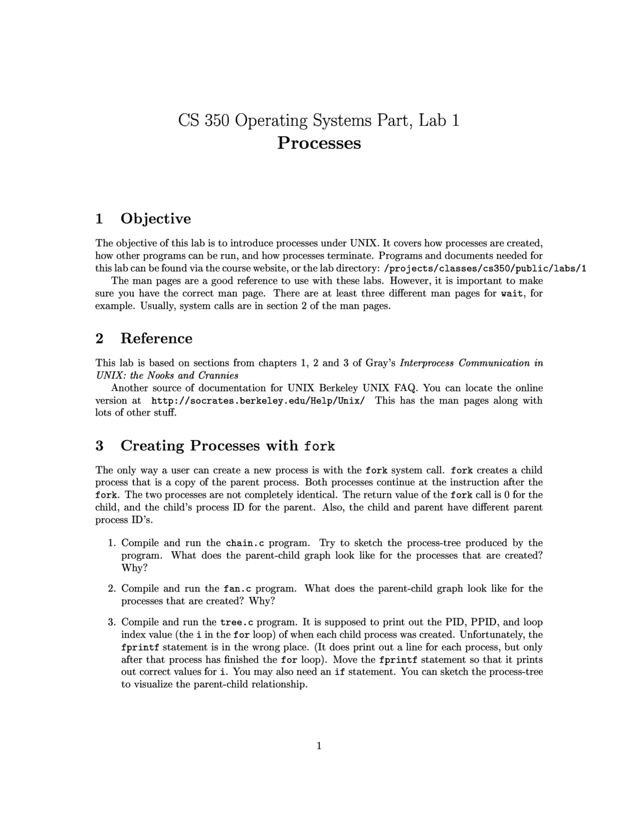 Lab 1 - Processes - Computer System Concepts | CS 350 | Lab Reports Computer Science - Docsity