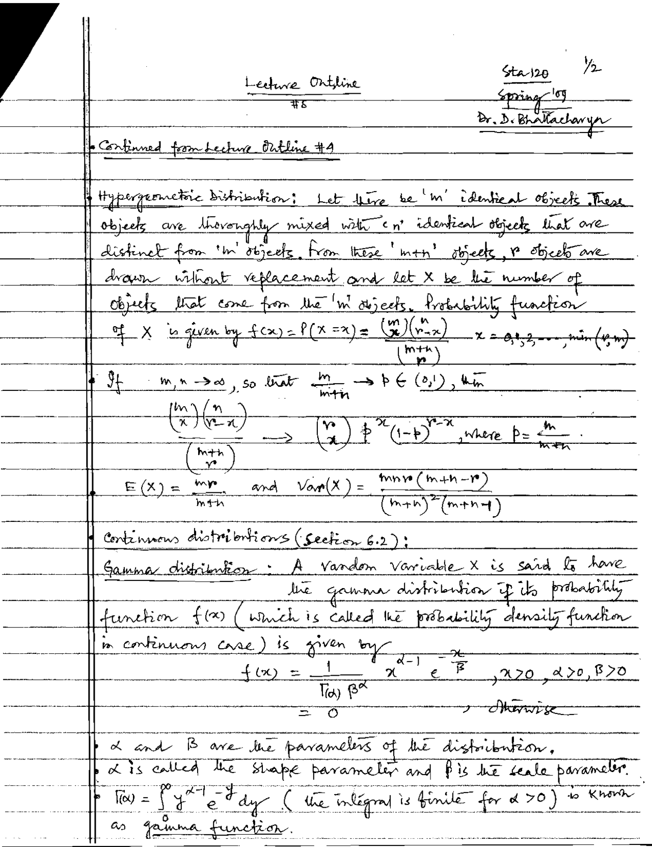 Handwritten Notes on Hypergeometric Distribution | STA 120 - Docsity