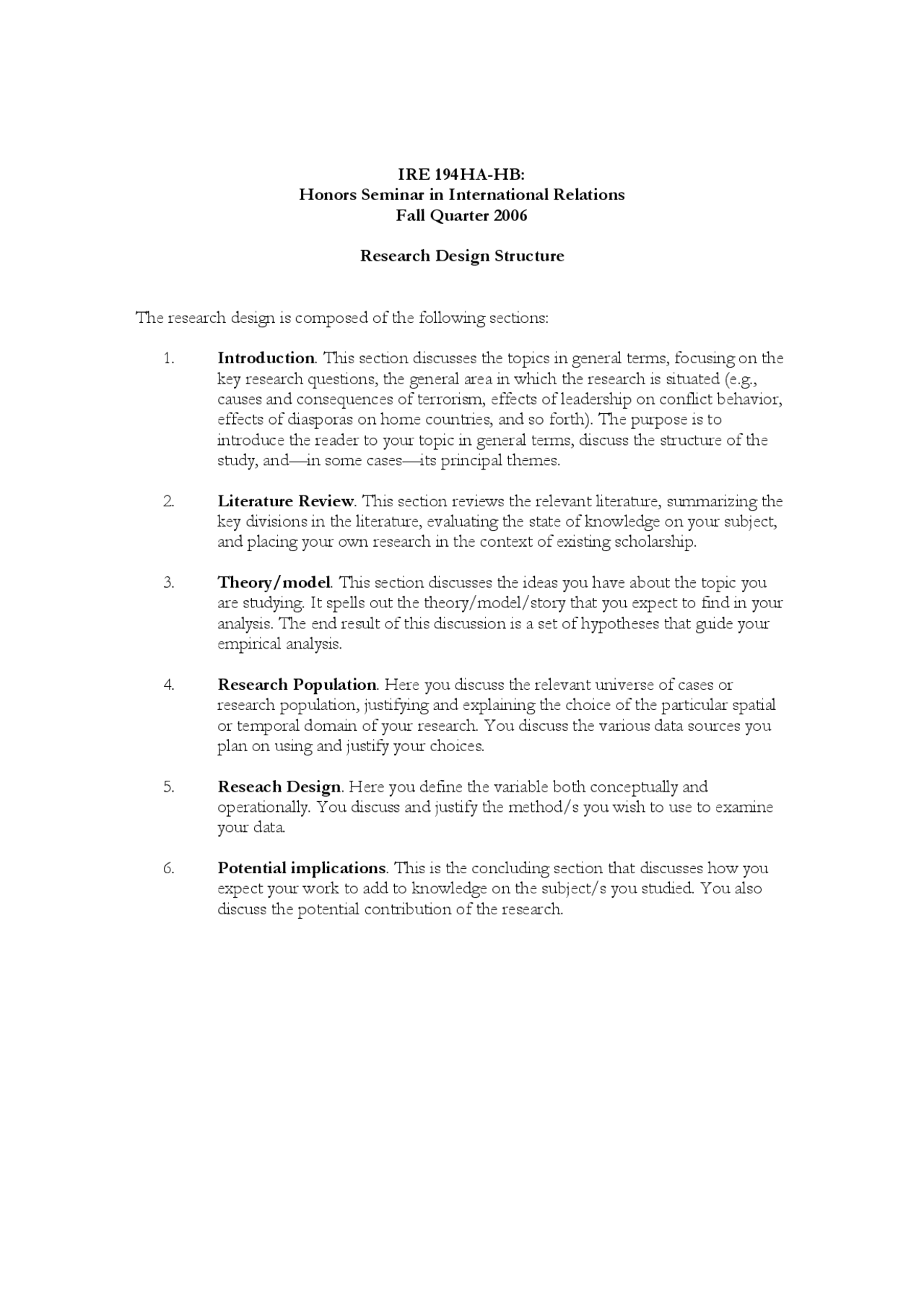Research Design Structure Review Sheet Ire 194ha Docsity