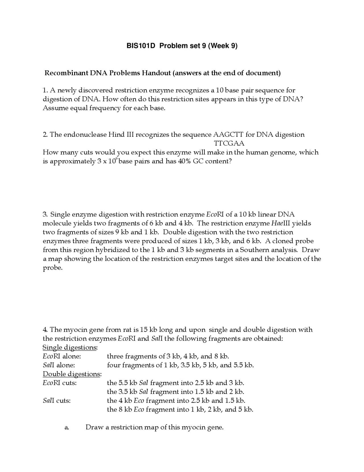 Problems Set 10 Genes And Gene Expression Bis 101 Docsity