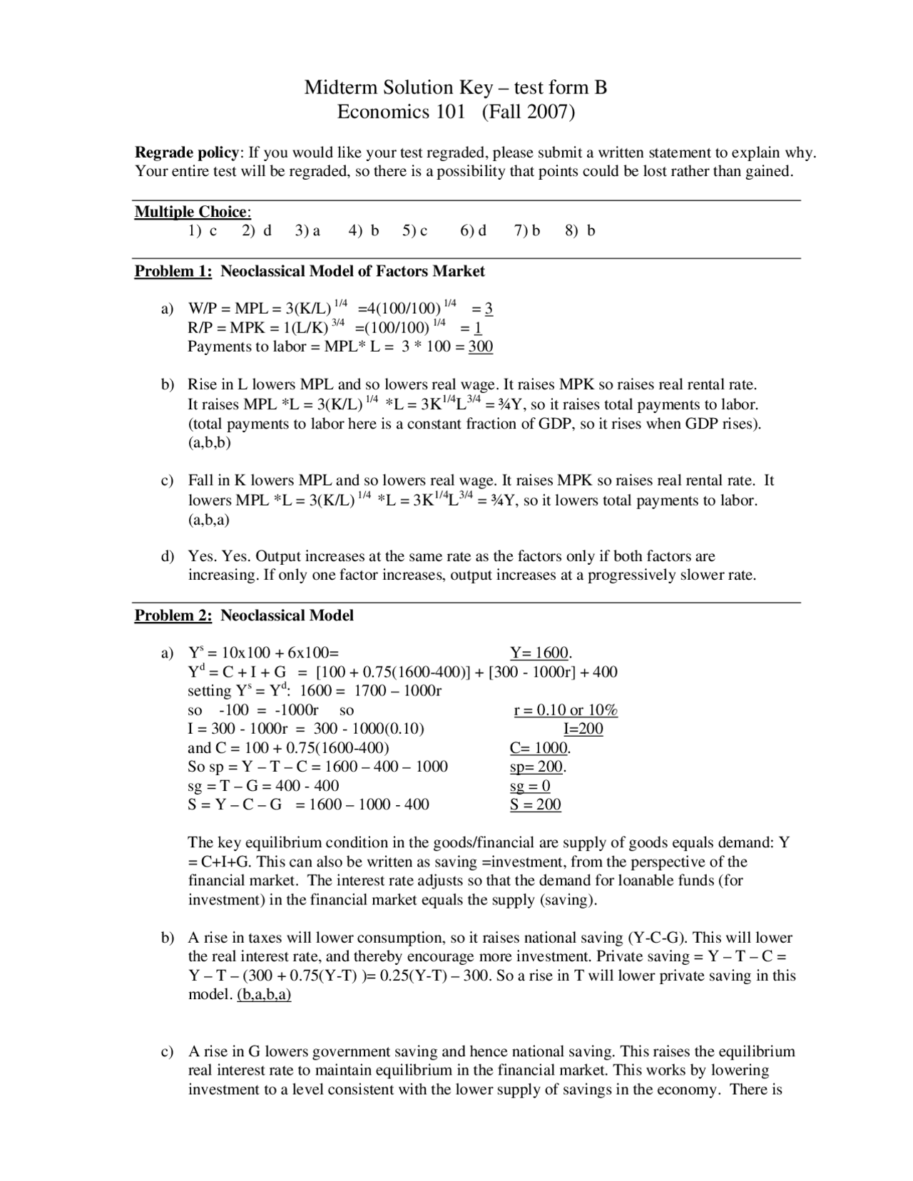 Intermediate Macroeconomic Theory - Midterm Exam with Solutions | ECN 101 | Exams Economics ...
