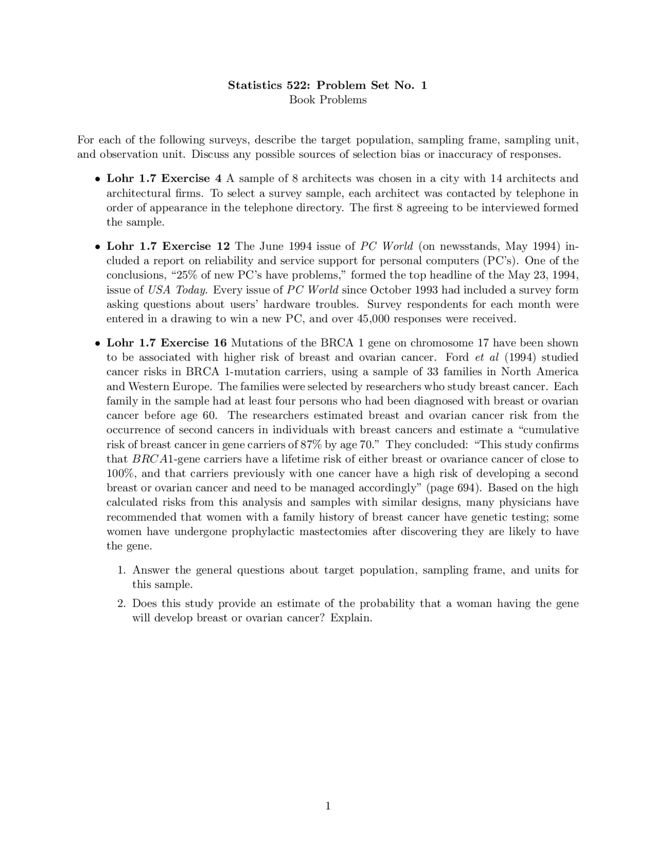 Problem Set 1 Sampling And Survey Techniques Stat 52200 Docsity