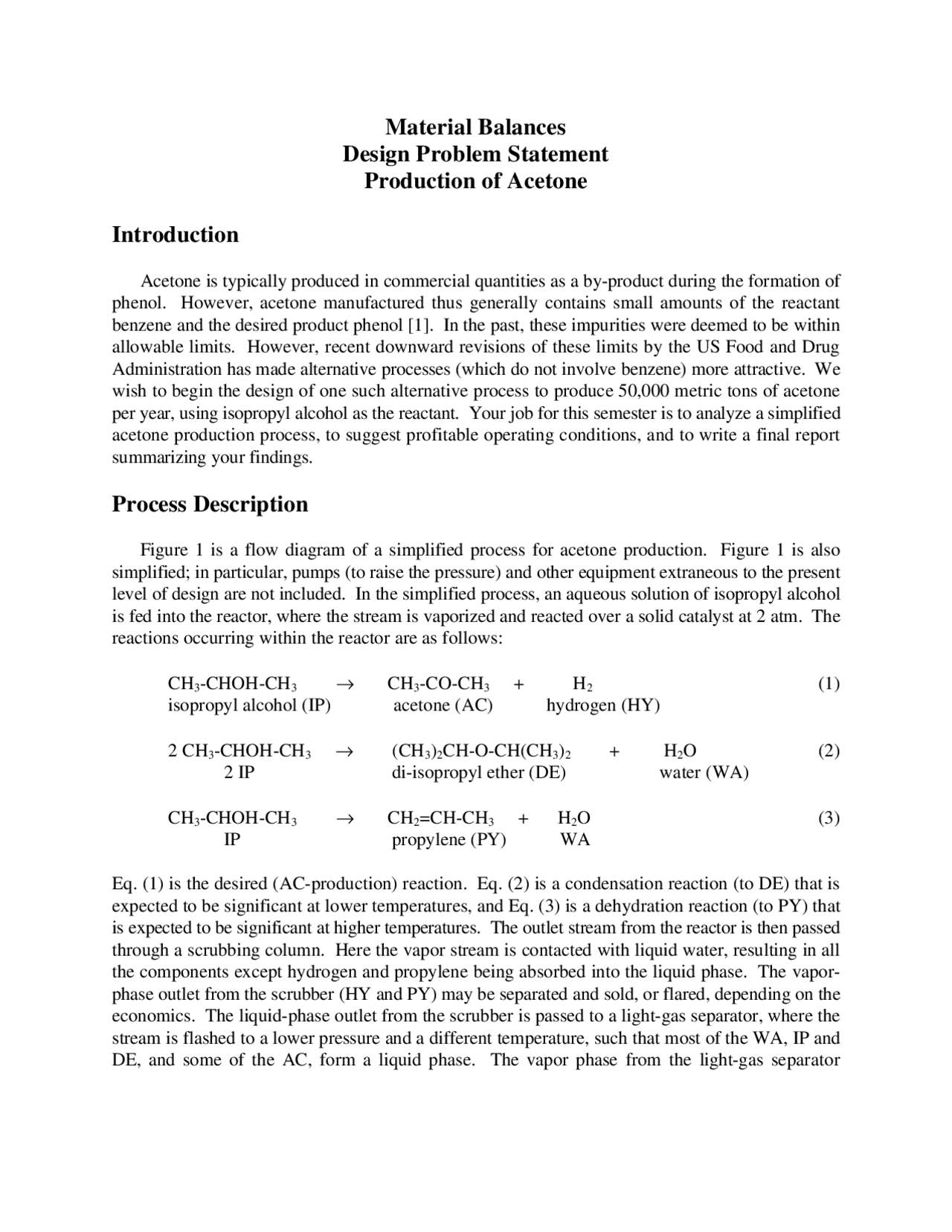 Material Balances Design Problem Statement - Production of Acetone ...