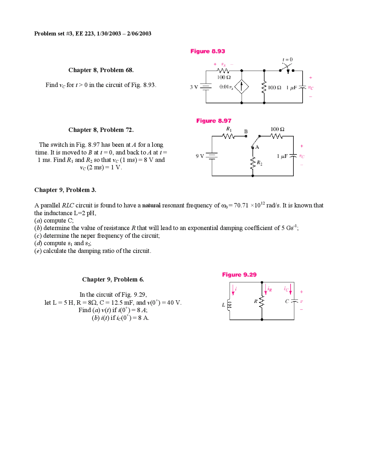 Electrical Circuits Problem Set Three Ee 223 Docsity