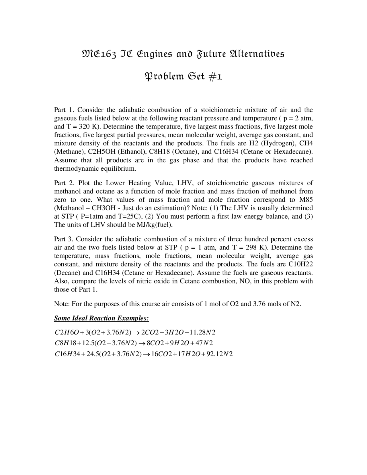 Problems Set 1 Combustion Engineers Eme 163 Assignments