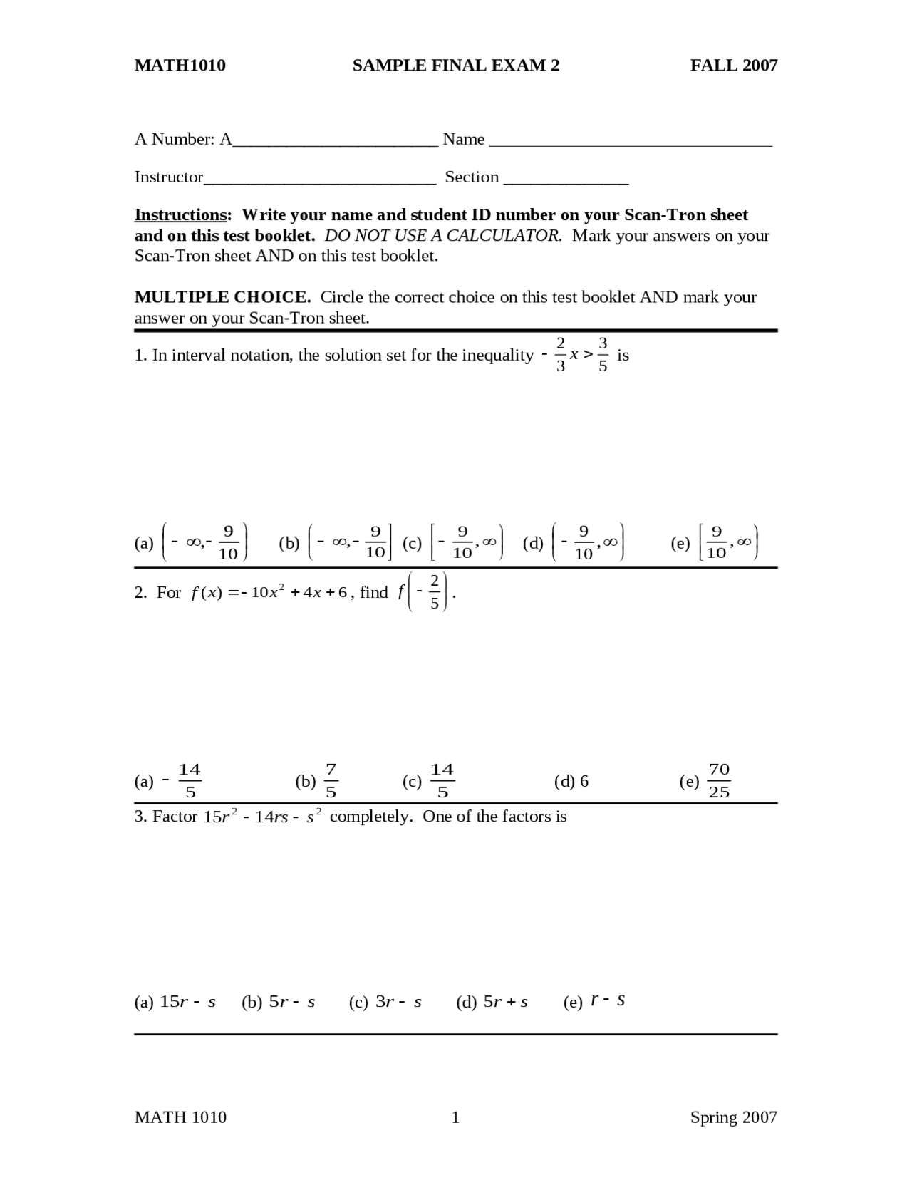MATH1010 Fall 2007 Sample Final Exam | Exams Mathematics | Docsity