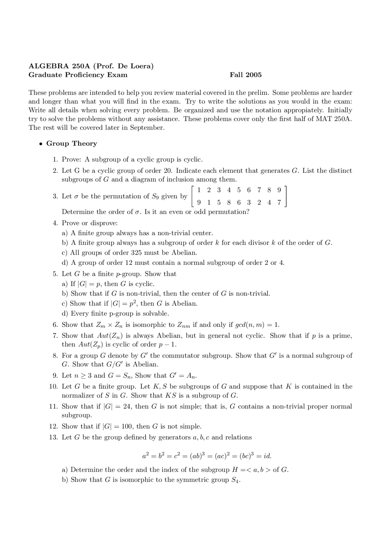 Graduate Proficiency Exam in Algebra 250A for Fall 2005 | Exams Algebra ...