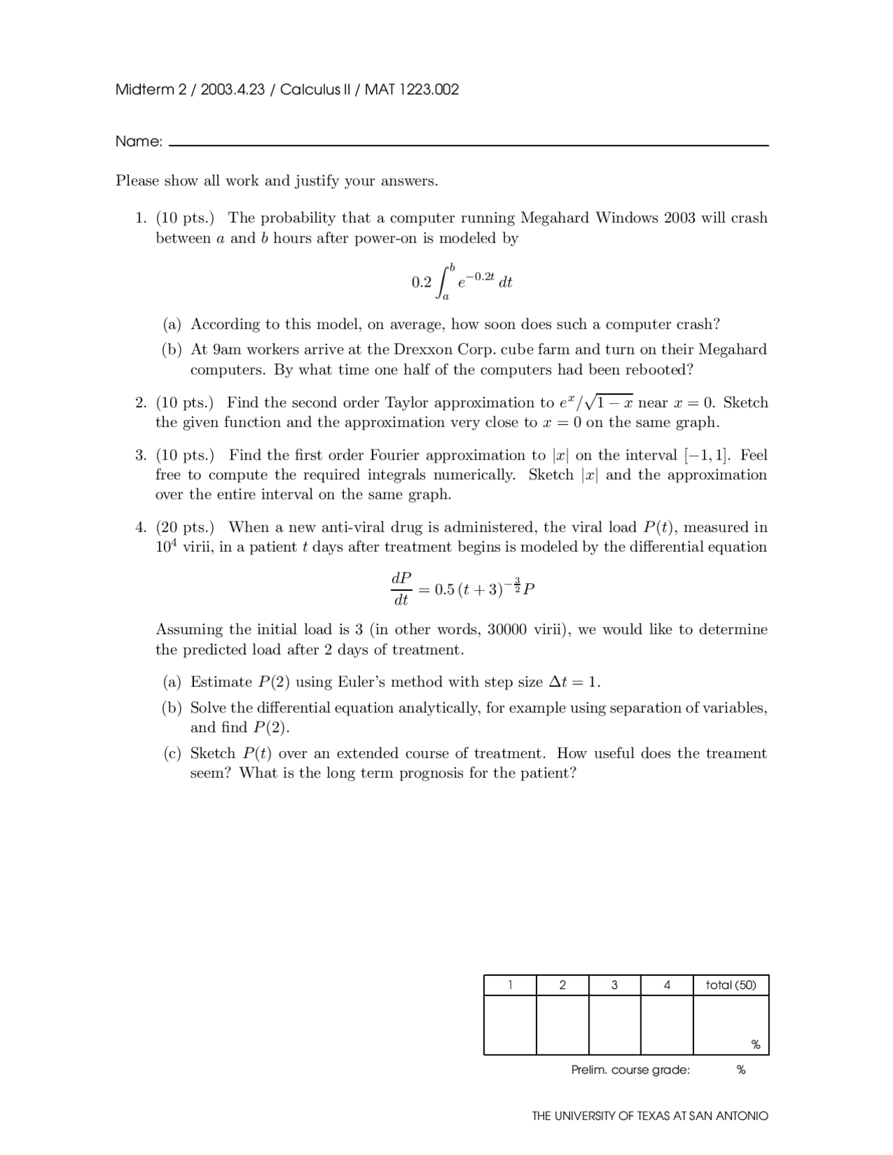 4 Questions of Calculus II - Midterm Test 2 | MAT 1223 - Docsity