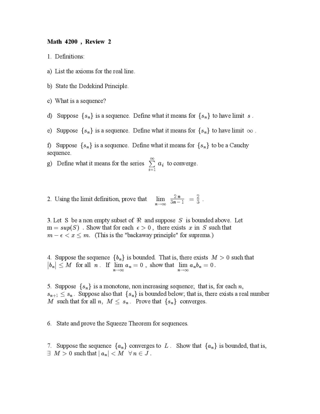 Review Sheet For Exam 2 Foundations Of Analysis Math 4200 Docsity