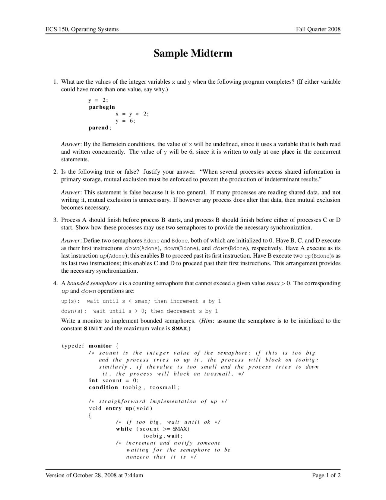 Sample Midterm 2008 | Operating Systems | ECS 150 - Docsity