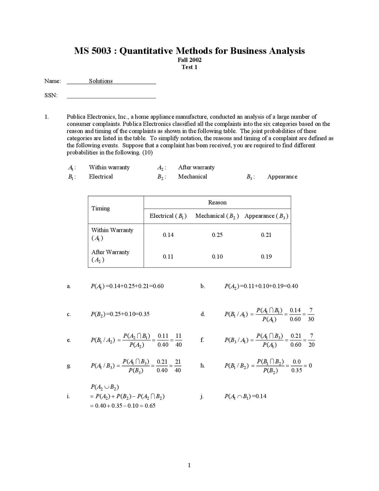 Exam 1 For Quantitative Methods Business Analysis Ms 5003 Docsity