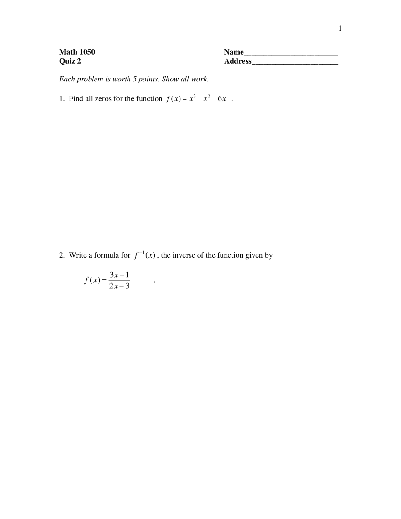 Practice Quiz 2 - College Algebra | MATH 1050 - Docsity