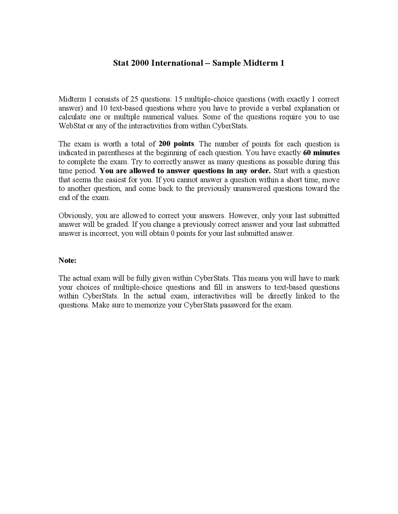 Sample Midterm Exam 1 For Statistical Methods Stat 2000 Docsity