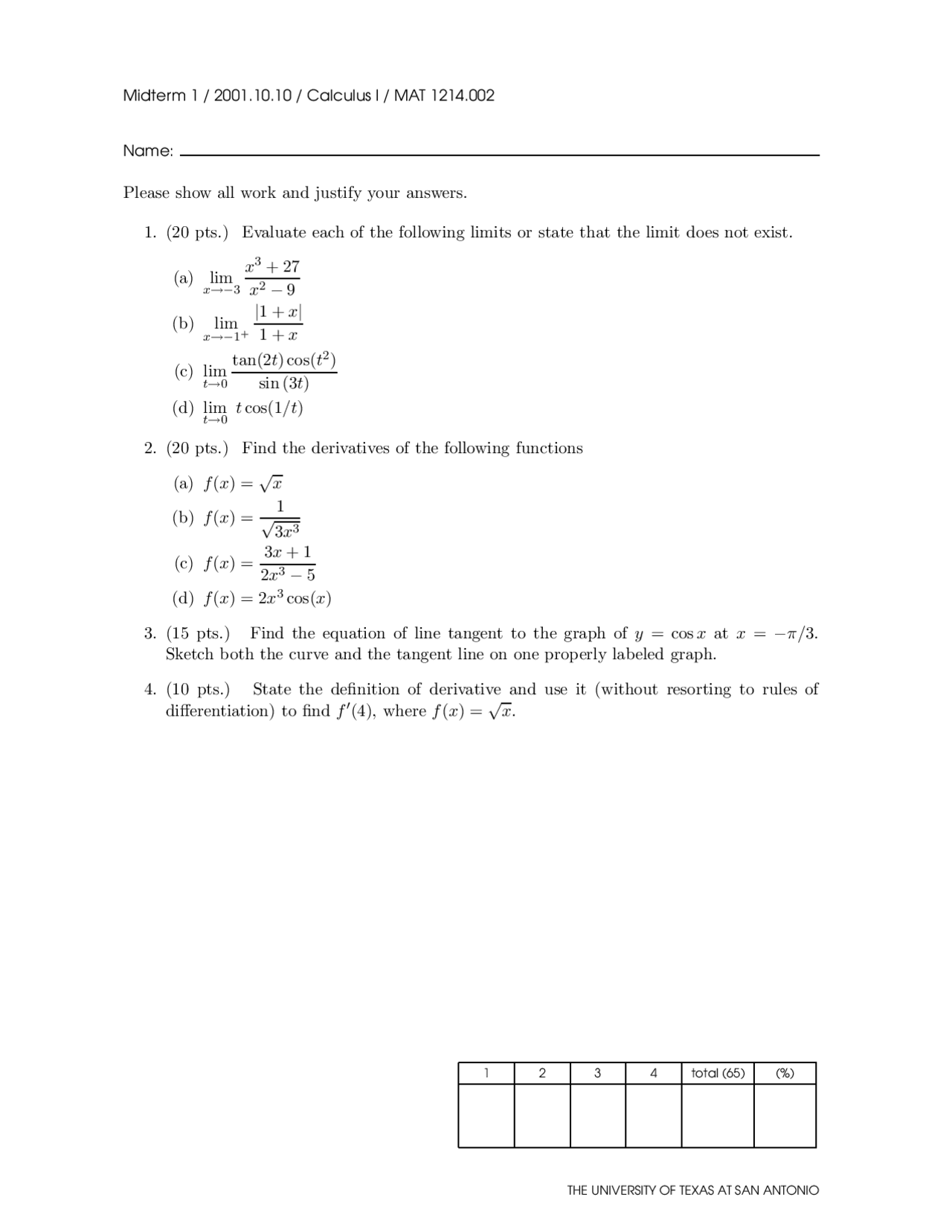 4 Questions In Calculus I Midterm Exam Mat 1214 Docsity
