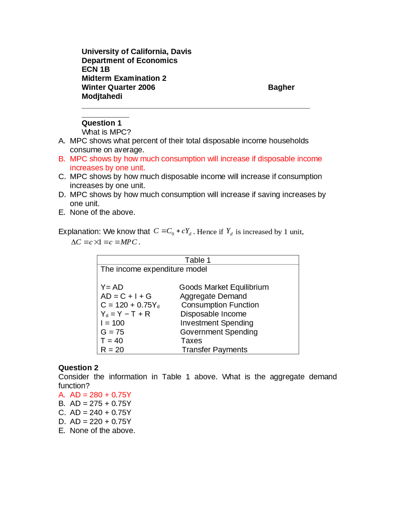 UC Davis Economics Midterm Examination 2, Winter Quarter 2006 - Prof. Bagher Modjtahedi | Exams ...
