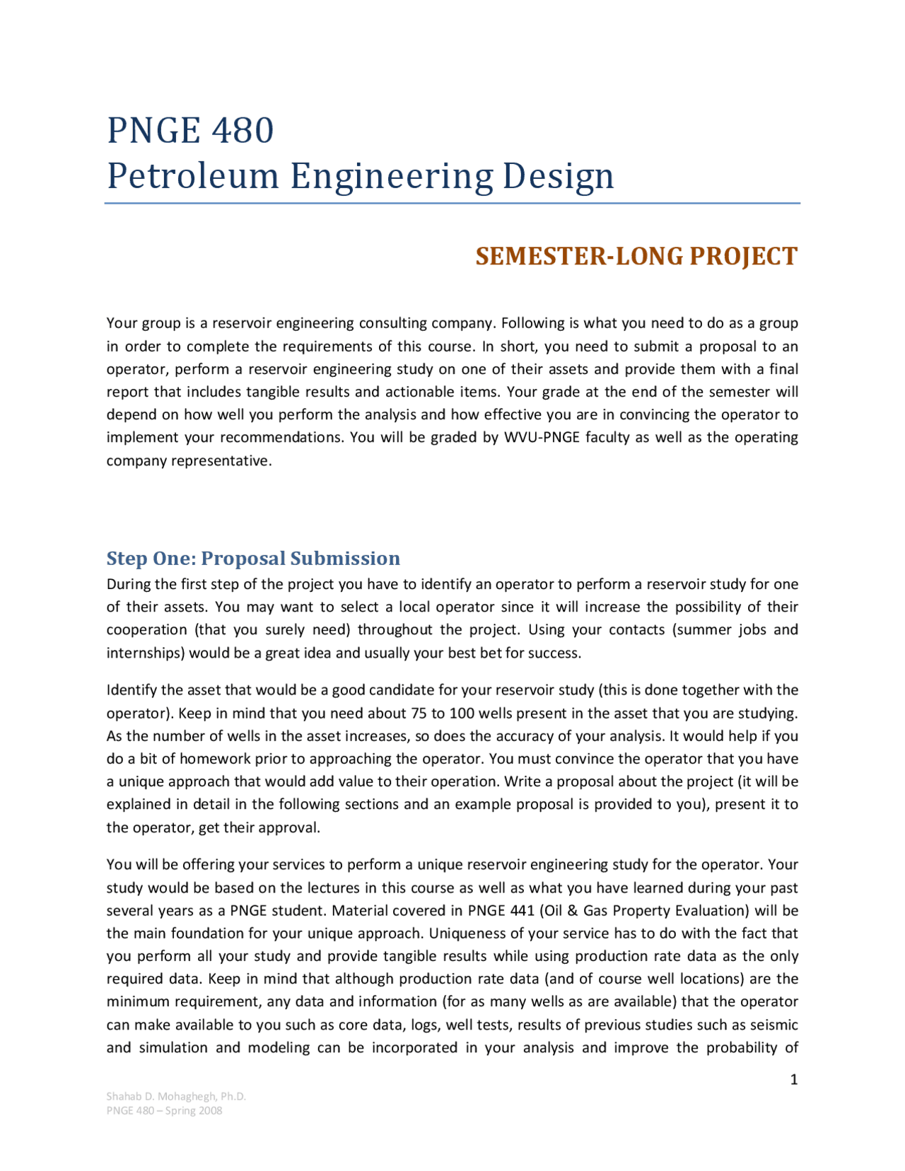 Petroleum Engineering Design - Semester-Long Project | PNGE 441 - Docsity