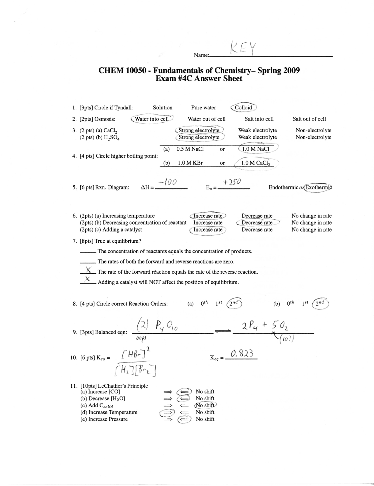 Exam With Answers Sheet Fundamentals Of Chemistry Chem 10050 Docsity
