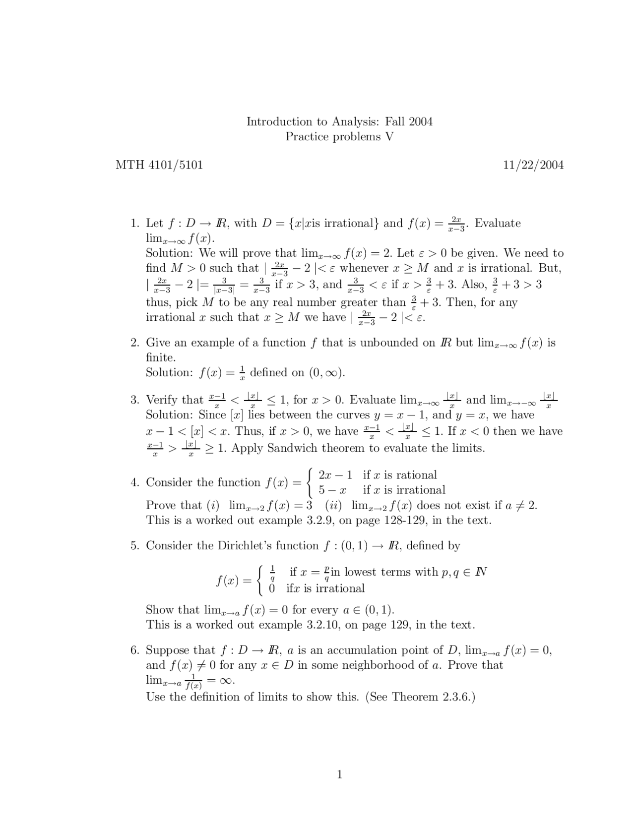 6 Problems With Solutions On Introductory Analysis Assignment 5 Mth