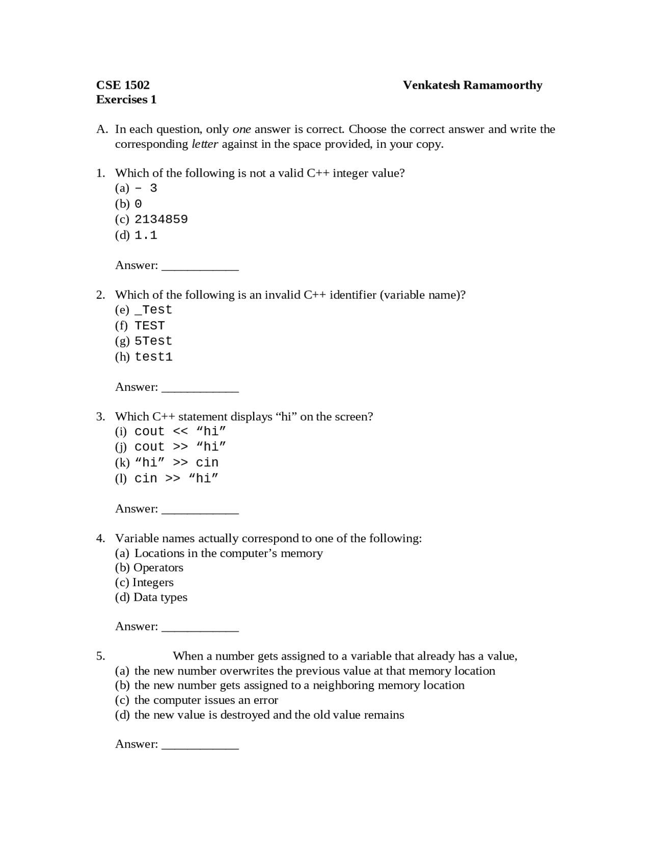 Introduction To Software Development With C Exercise Problems Cse 1502 Exams Computer