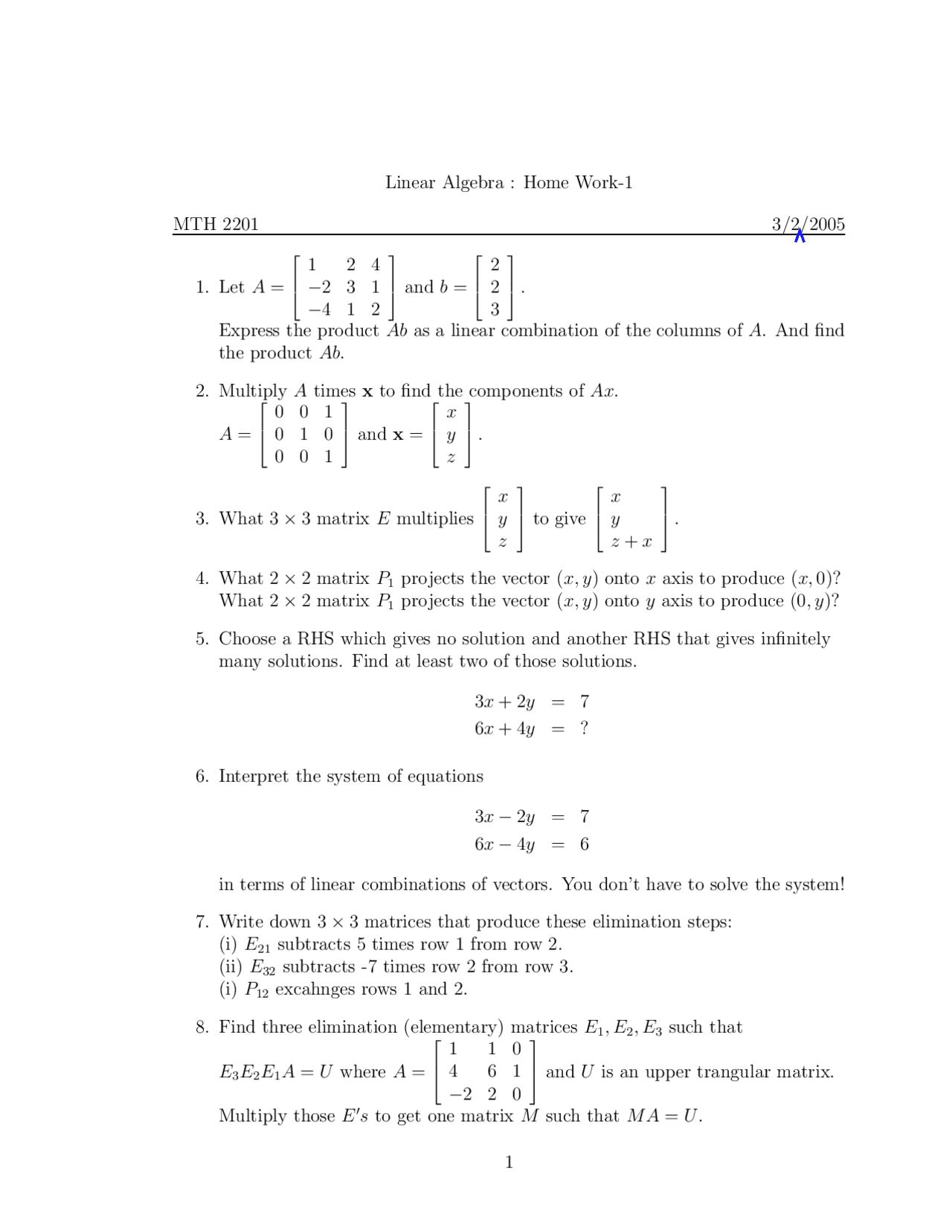10 Questions In Linear Algebra In Assignment 1 Mth 2201 Docsity