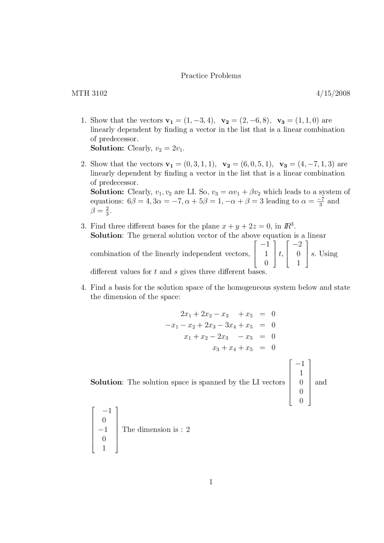 Solutions To Practice Problems For Introduction To Linear Algebra Mth