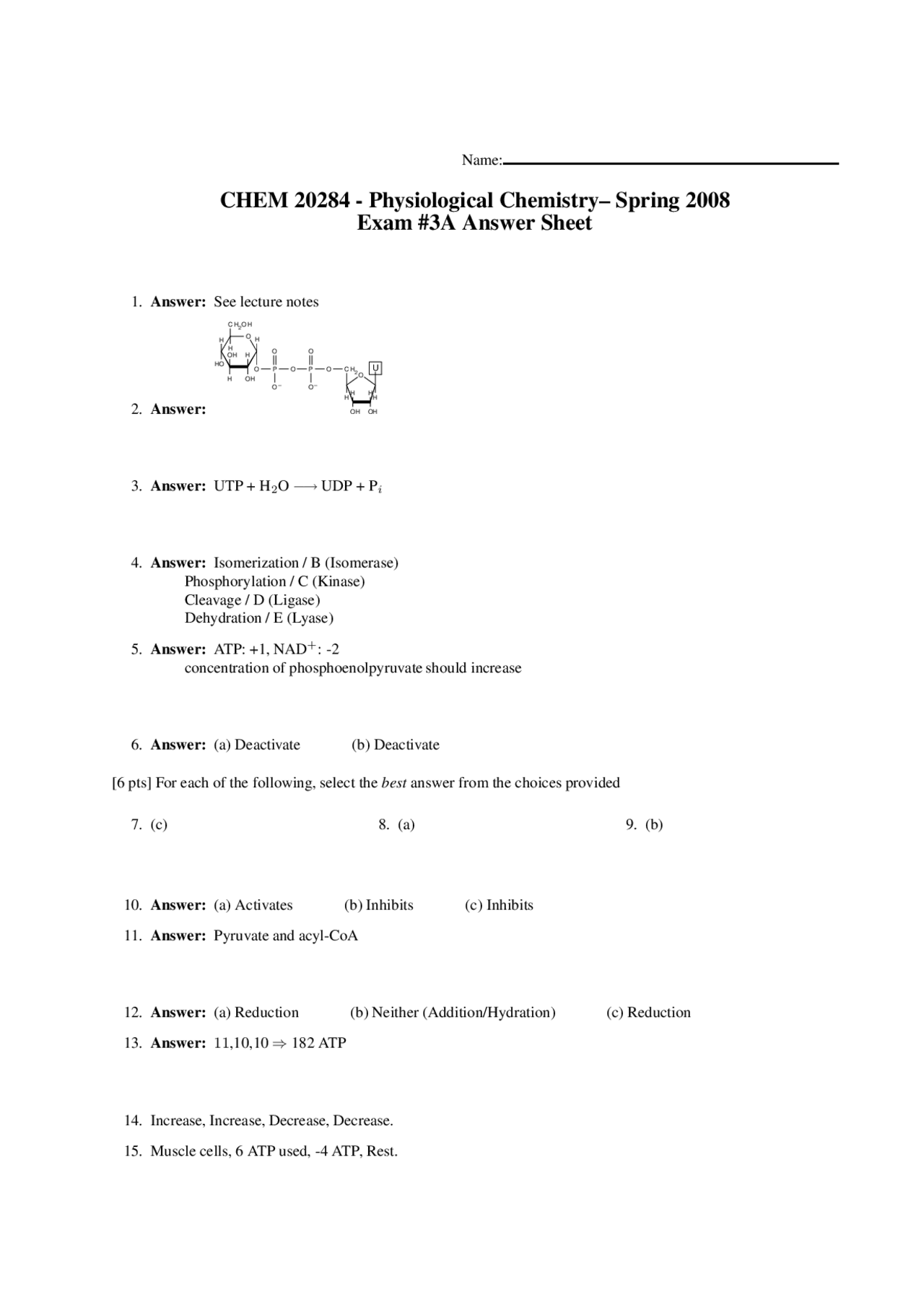 Old Exam 3A with Answer Sheet - Physiological Chemistry | CHEM 20284 ...